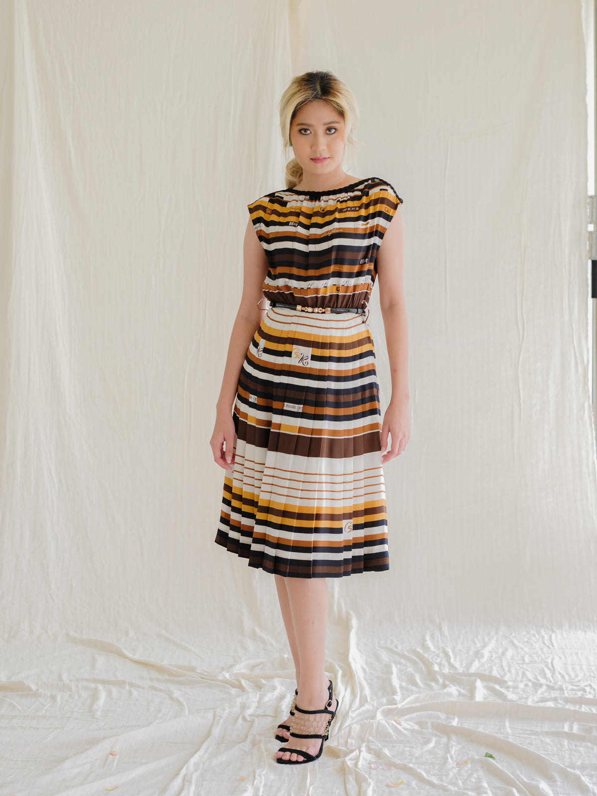 Sugar Cream Vintage Chiffon Horizontal Stripe Midi Dress