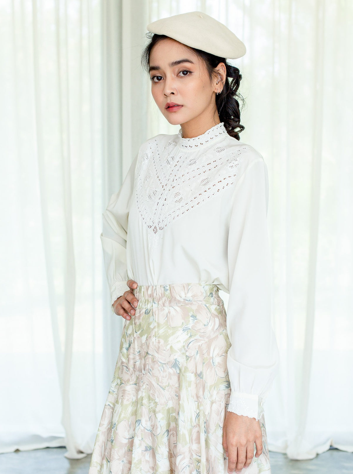 Sugar Cream Vintage Silk Mock Neck Full Sleeved White Blouse