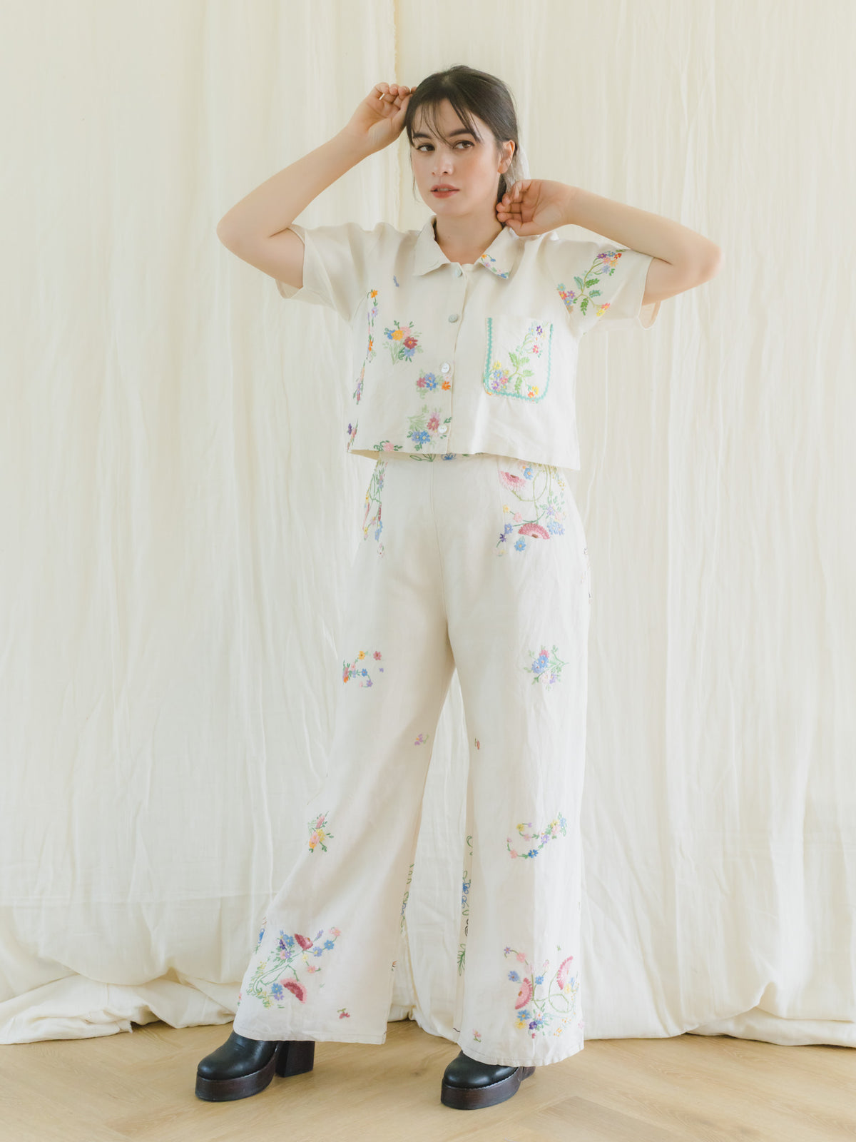 Re-Top & Trousers Set with Patch Pocket Vintage Hand-Embroidered