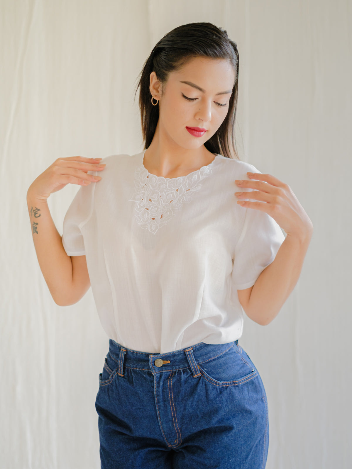 Sugar Cream Vintage Cotton Back Button Closure White Blouse