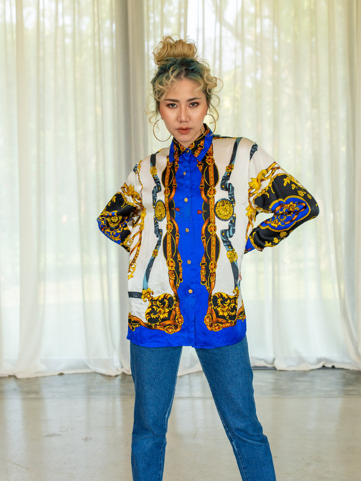 Sugar Cream Vintage Silk Collared Neck Baroque Print Blouse